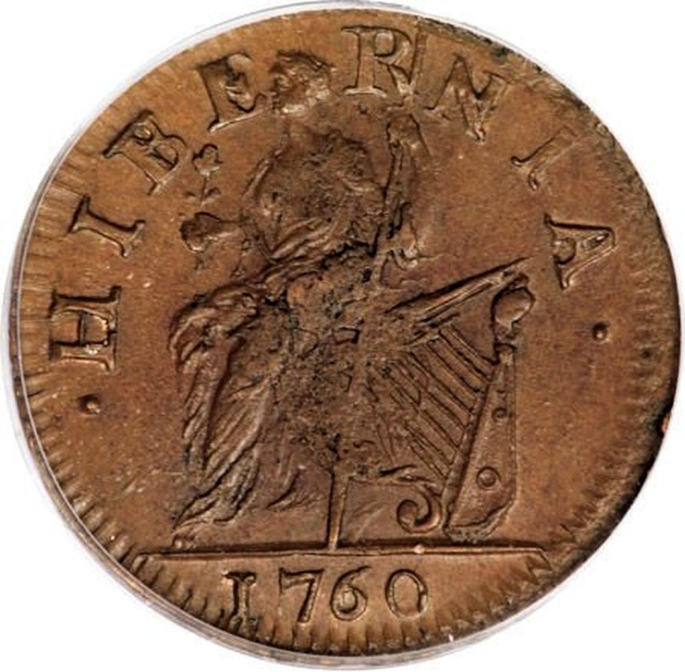 USA Farthing "Hibernia Voce Populi" 1760 coin value KM# Tn21.2 ...