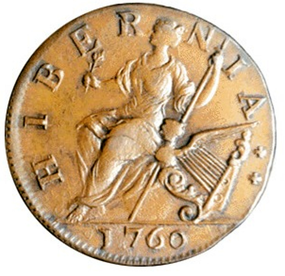USA Farthing "Hibernia Voce Populi" 1760 coin value KM# Tn21.2 ...