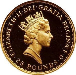 Great Britain Gold 25 Pounds "Britannia" 1990-1996 KM# 951a ...