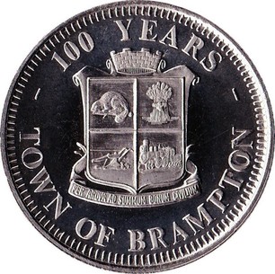 Canadian 1.00 "Centennial of Brampton" 1973 | coinscatalog.NET