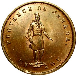 Canadian Sou "Ficha del Banco de Quebec" 1852 KM# Tn20a | coinscatalog.NET