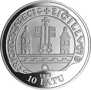 Latvian Silver 10 Latu "Riga 800" 1995 KM# 26 | coinscatalog.NET