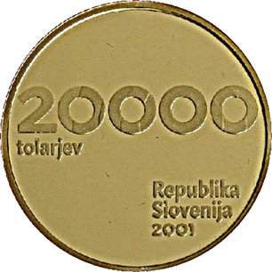 Slovenian 1/5 Oz Gold 20000 Tolarjev "Slovenia and the Tolar Anniversary" 2001 KM# 44 ...