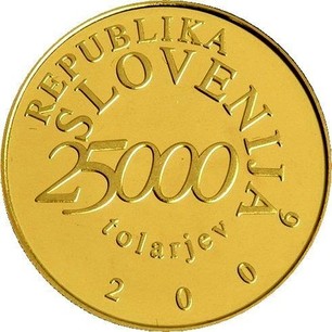 Slovenian 1/5 Oz Gold 25000 Tolarjev "Anton Tomaz Linhart" 2006 KM# 84 | coinscatalog.NET