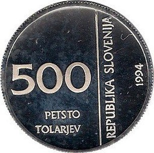 500 Plata Eslovena Tolarjev "Instituto Monetario de Eslovenia" 1994 KM# 17 | coinscatalog.NET