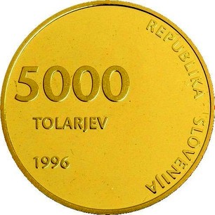 Slovenian 1/5 Oz Gold 5000 Tolarjev "5th Anniversary Of Independence" 1996 KM# 35 | coinscatalog.NET
