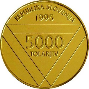 Slovenian 1/5 Oz Gold 5000 Tolarjev "Aljaz Tower" 1995 KM# 28 | coinscatalog.NET