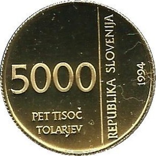 Esloveno 1/5 Oz Oro 5000 Tolarjev "Instituto Monetario de Eslovenia" 1994 KM# 18 | coinscatalog.NET