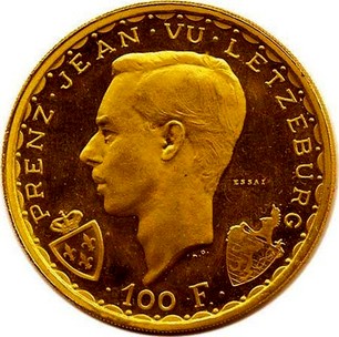 Luxembourgish Gold 100 F "Jang de Blannen" 1946 KM# E58 | coinscatalog.NET