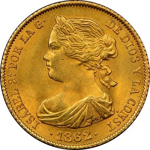 Spanish Gold 100 Reales "Isabel II" 1856-1862 KM# 605.2 | coinscatalog.NET