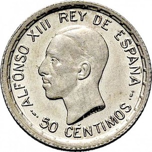 50 Céntimos de Plata Española "Alfonso XIII 6to retrato" 1926 KM# 741 ...