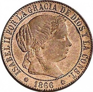 Spanish Centimo "Isabel II" 1866-1868 KM# 633.1 | coinscatalog.NET