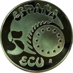 Spanish Silver 5 ECU "European Economic Community" 1989 X# M24 ...
