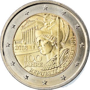 Austrian 2 Euro "100 Years Republic of Austria" 2018 KM# 3275 ...