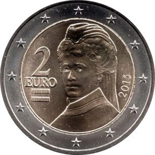 Austrian 2 Euro "Bertha von Suttner" 2008-2024 KM# 3143 | coinscatalog.NET