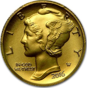 USA 1/10 Oz Oro One Dime "Mercury Conmemorative" 2016 KM# 641 ...