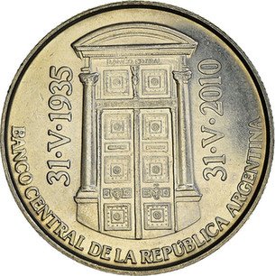 Argentine 2 Pesos "Central Bank 75th Anniversary" 2010 KM# 162.1 ...