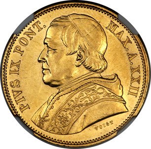 Italian Gold 50 Lire "Pio IX" 1868-1870 KM# 1388 | coinscatalog.NET