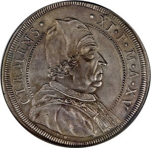 Italian Silver Piastra "Clemente XI Bust" 1715 KM# 763 | coinscatalog.NET
