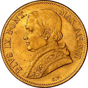 Italian Gold Scudo "Pius IX" 1858-1865 KM# 1361 | coinscatalog.NET