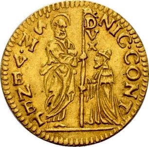 Italian Gold 2 Zecchino "Christ in Beaded Ellipse. Nicolo Contarini ...