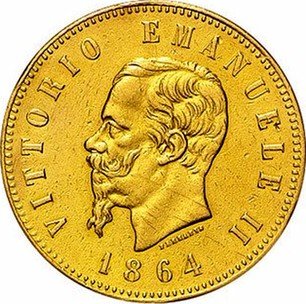 Italian Gold 50 Lira "Vittorio Emanuele II" 1864 KM# 18 | coinscatalog.NET