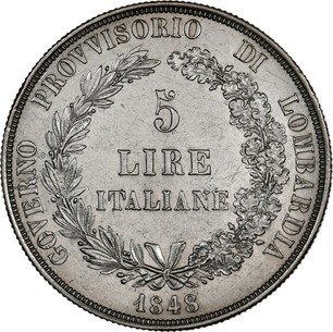 5 liras italianas Lombardía - Venecia 1848 KM# Pn12 | coinscatalog.NET