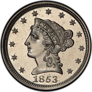 USA One Cent "Liberty Pattern. Nickel-Brass" 1853 | coinscatalog.NET