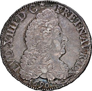 French Silver 1/2 ECU "Louis XIV" 1690-1693 KM# 273.15 | coinscatalog.NET