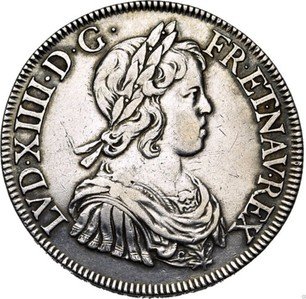 French Silver 1/4 ECU "Louis XIV" 1644-1651 KM# 161.2 | coinscatalog.NET