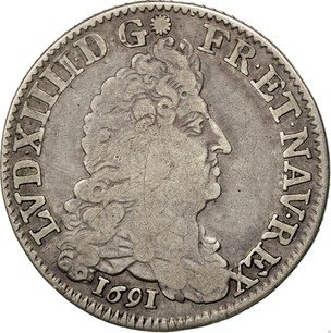 French Silver 1/4 ECU "Louis XIV" 1691-1693 KM# 270.14 | coinscatalog.NET