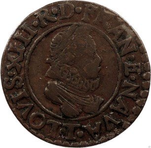 French Copper Double Tournois "Louis XIII" 1610-1616 KM# 59.5 ...