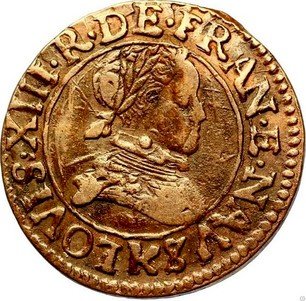 French Copper Double Tournois "Louis XIII" 1610-1620 KM# 43.4 ...