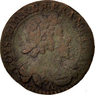 French Copper Double Tournois "Louis XIII" 1628-1638 KM# 86.1 ...