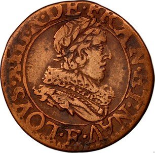 French Copper Double Tournois "Louis XIII" 1629-1635 KM# 72.3 ...