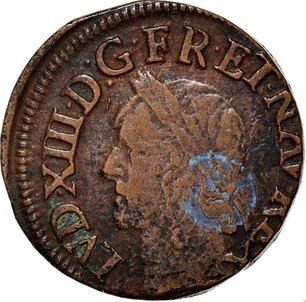 French Copper Double Tournois "Louis XIII" 1642-1643 KM# 127.6 ...