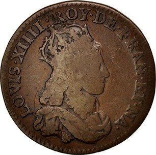 French Copper Liard "Louis XIV" 1654 KM# 191.1 | coinscatalog.NET