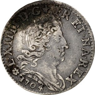 French 1/25 Oz Silver 5 Sols (1/16 ECU) "Louis XIV" 1702-1704 KM# 337.4 ...