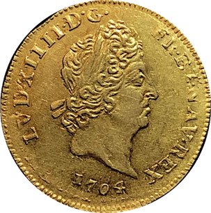 French 1/10 Oz Gold 1/2 Louis D'or "Louis XIV" 1704-1709 KM# 363.1 ...