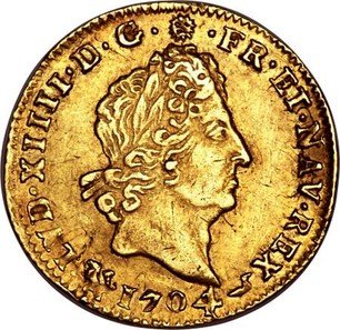 French 1/10 Oz Gold 1/2 Louis D'or "Louis XIV" 1704-1705 KM# 363.19 ...