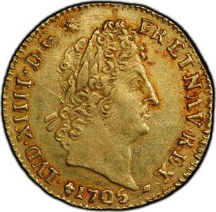 French 1/5 Oz Gold Louis D'or "Louis XIV" 1704 KM# 365.8 | coinscatalog.NET