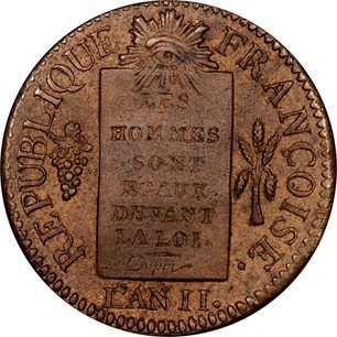 French Bronze Sol "First Republic. Strasbourg" 1793 KM# 619.4 ...