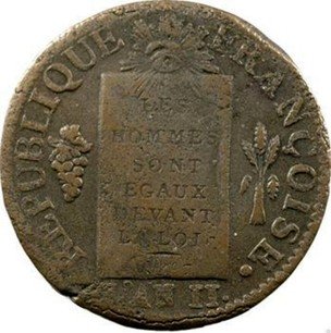French Bronze Sol "First Republic. Marseille" 1793 KM# 619.9 ...