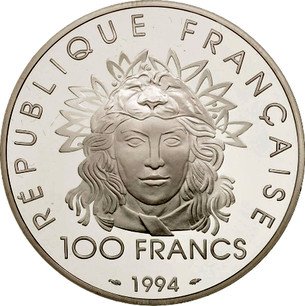 French 1 Oz Silver 100 Francs "1996 Olympics-Discus thrower" 1994 KM ...