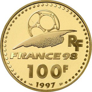 French 1/2 Oz Gold 100 Francs "World Cup" 1997 KM# 1170 | coinscatalog.NET