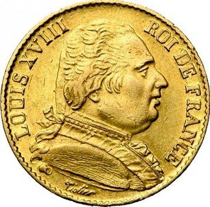French Gold 20 Francs "Louis XVIII" 1814-1815 KM# 706.1 | coinscatalog.NET