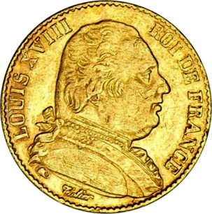 French Gold 20 Francs "Louis XVIII" 1814-1815 KM# 706.5 | coinscatalog.NET