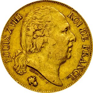 French Gold 20 Francs "Louis XVIII" 1818-1820 KM# 712.8 | coinscatalog.NET
