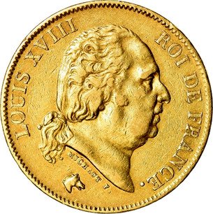 French Gold 40 Francs "Louis XVIII" 1816 KM# 713.2 | coinscatalog.NET