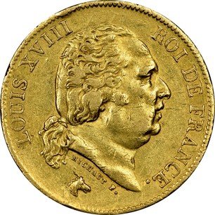French Gold 40 Francs "Luis XVIII" 1816-1817 KM# 713.4 | coinscatalog.NET